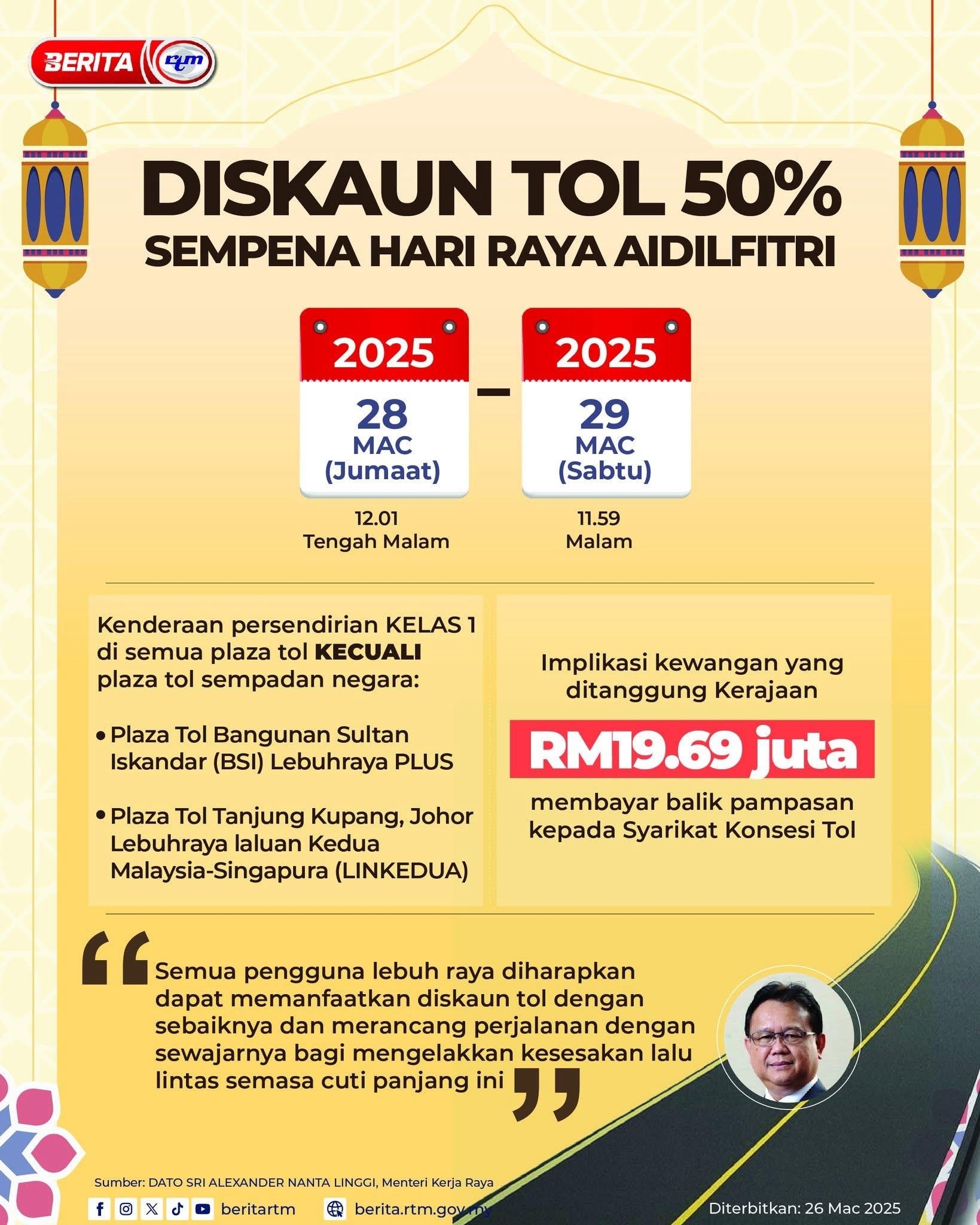Sumber : Berita RTM Diskaun Tol 50% Sempena Har..